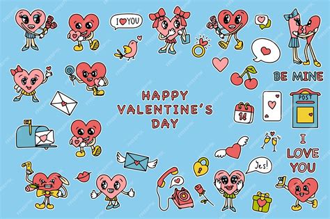 트렌디한 멋진 발렌타인 데이 스티커 세트 복고풍 발렌타인 데이 70년대 60년대 미학 빈티지 만화 벡터 벡터 그림 프리미엄 벡터