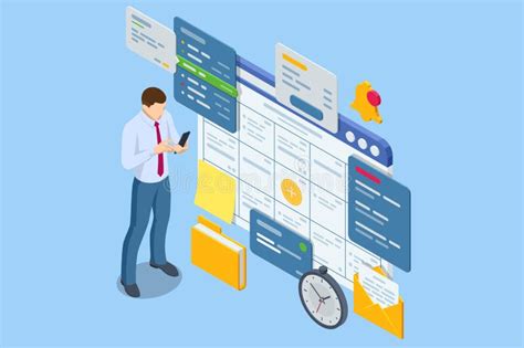 Isometric Business Project Management System Project Manager Updating Tasks And Milestones