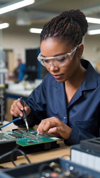 Modern Electronics Facility Beautiful Black Female Scientist Engineer