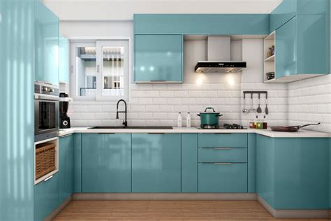 Modular Kitchen Design With Spacious Blue Cabinets 12x10 Ft Livspace