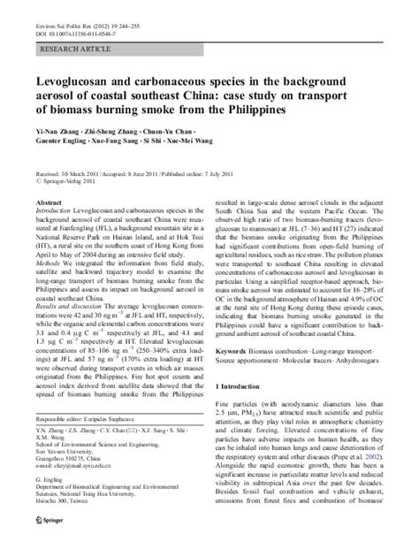 Pdf Levoglucosan And Carbonaceous Species In The Background Aerosol Of Coastal Southeast China