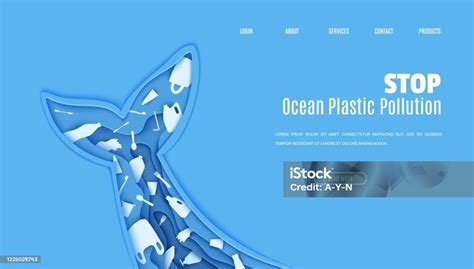 웹 페이지 디자인 템플릿은 종이 컷 스타일의 바다 플라스틱 오염을 중지합니다 쓰레기 병 일회용 식기 비닐 봉지와 양식 종이 컷 층 동굴꼬리 지느러미 벡터 생태 개념 바다에