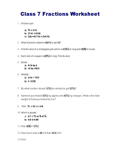 Fractions Worksheet Class 7 Pdf