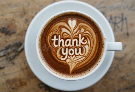 Thank You Message In Coffee Foam Art With Beautiful Design On Wooden