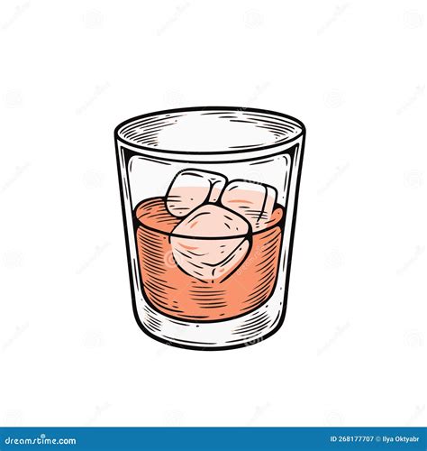 Drink Cocktail In Glass With Ice Cubes Hand Drawn Engraving Style Vector Art Stock Vector