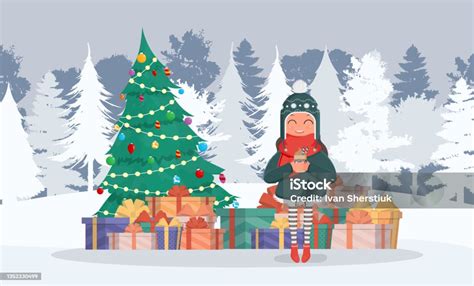 엽서 메리 크리스마스 눈 덮인 숲속의 한 소녀가 소나무와 선물을 배경으로 뜨거운 음료를 마십니다 12월에 대한 스톡 벡터 아트 및 기타 이미지 Istock