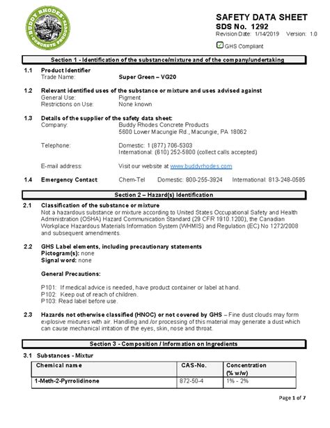 Super Green Vg20 Rev Práctica Laboratorio Safety Data Sheet Sds No 1292 Revision Date