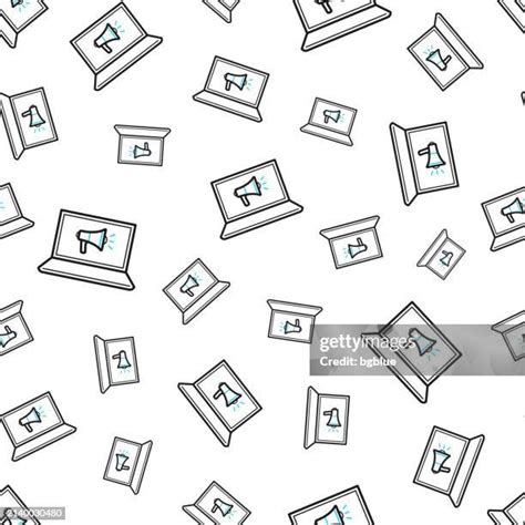 Laptop With Megaphone Seamless Pattern Line Icons On White Background High Res Vector Graphic