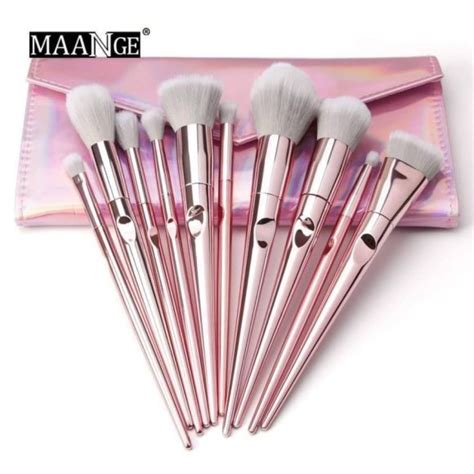 Maange 10 Pcs Metal Pink Makeup Brush Set With Pouch Glamorous And
