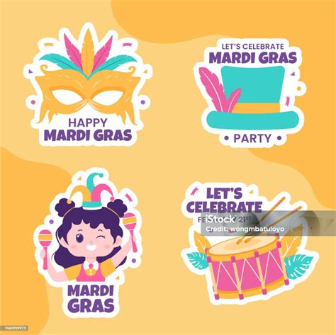 마디 그라 카니발 레이블 플랫 만화 손으로 그린 템플릿 일러스트 레이 션 0명에 대한 스톡 벡터 아트 및 기타 이미지 0명 Mardi Gras 공연 Istock