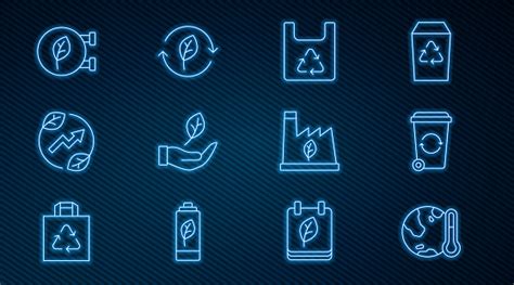 지구 온난화에 지구 녹는 설정 휴지통 재활용이 있는 쇼핑백 잎 손 전기 절약 플러그 잎 에코 샵 식물 재활용 쓰레기 및 기호 아이콘 벡터 가을에 대한 스톡 벡터 아트 및