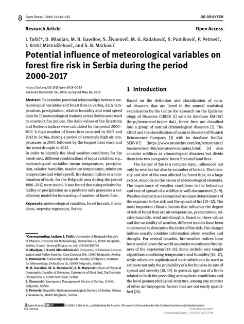 Pdf Potential Influence Of Meteorological Variables On Forest Fire Risk In Serbia During The