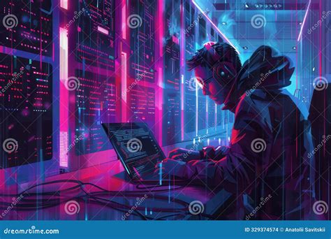 A Hacker Types On A Laptop While Surrounded By Glowing Data Screens
