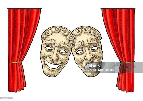 희 극과 비극 극장 면입니다 벡터 조각 빈티지 컬러 일러스트 레이 션 감정에 대한 스톡 벡터 아트 및 기타 이미지 감정