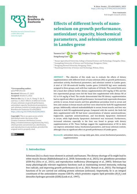 Pdf Effects Of Different Levels Of Nano Selenium On Growth Performance Antioxidant Capacity