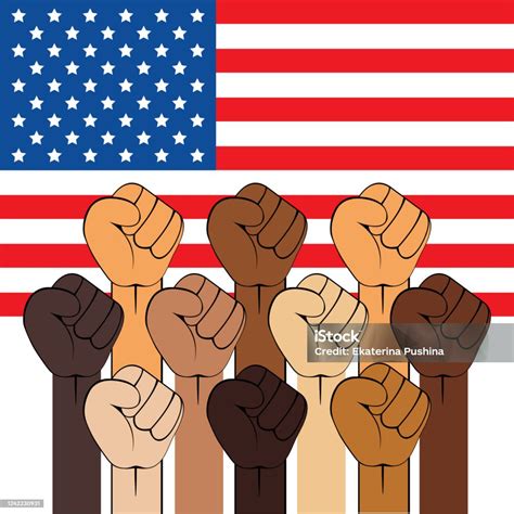 흑인의 삶은 중요합니다 강한 주먹은 미국 국기의 배경을 제기했다 인종차별 차별 사회적 불평등에 대한 개념 다채로운 일러스트레이션 평등한 권리를 위한 투쟁 미국 국기에 대한