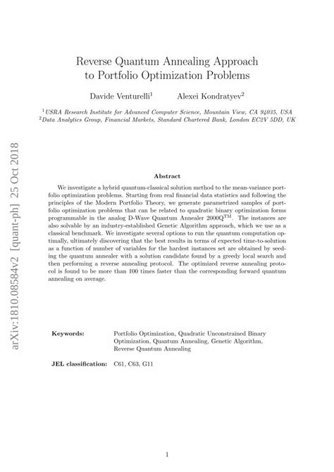 Pdf Reverse Quantum Annealing Approach To Portfolio Reverse