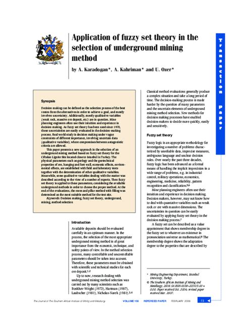 Pdf Application Of Fuzzy Set Theory In The Selection Of Underground