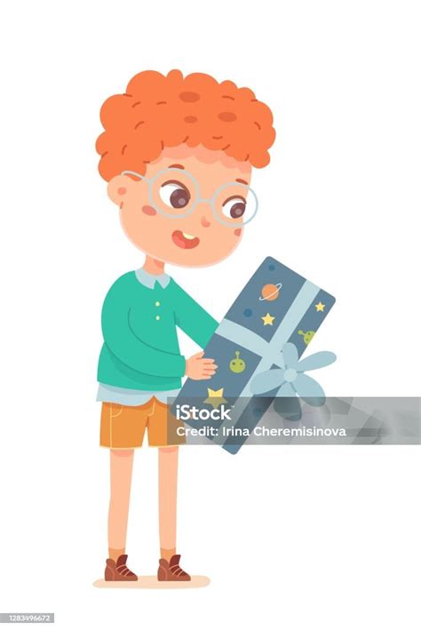 생일이나 크리스마스 선물을 받는 소년 해피 홀리데이 축하 장면 벡터 일러스트레이션 흰색 배경에 고립 된 손에 선물을 들고 안경에