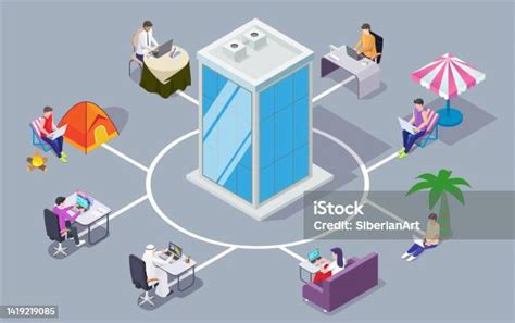 원격 하이브리드 작업 및 프리랜서 3d 벡터 사람들은 집 해변 카페 레스토랑 리조트 숲 캠핑 또는 전 세계 인포 그래픽에서 사무실에서 일합니다 3차원 형태에 대한 스톡 벡터