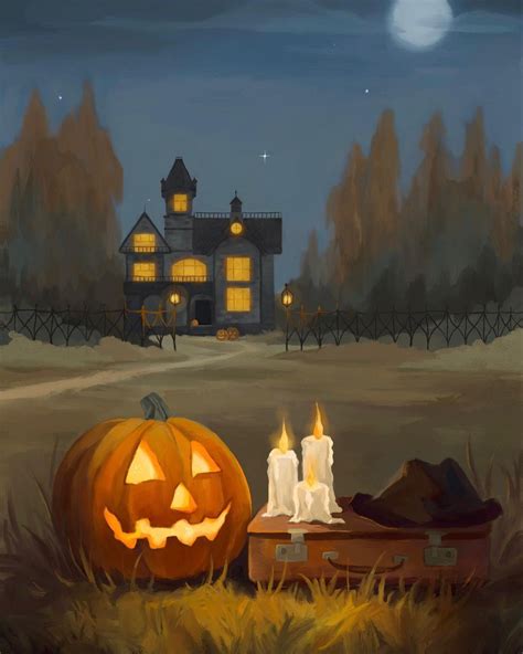Halloween Scenery Drawing Cozy Haunted House Illustration Pumpkin