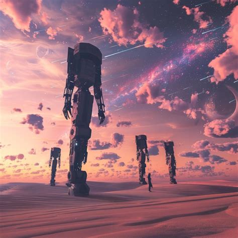 Giant Robots Stand In A Desert Under A Starry Sky With Shooting Stars And A Tiny Human Figure