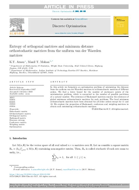 Pdf Entropy Of Orthogonal Matrices And Minimum Distance
