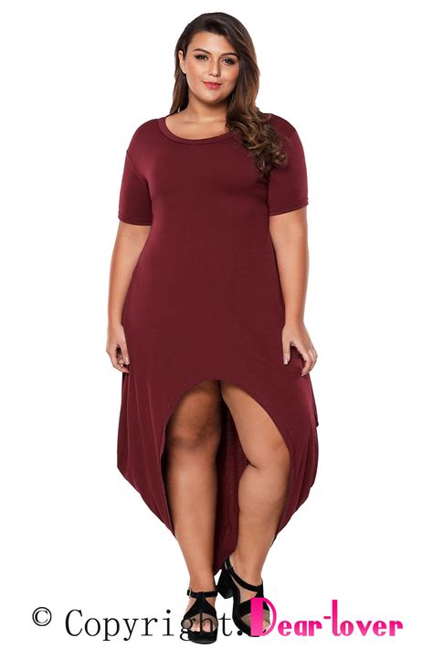 Sexy Burgundy Plus Size Hi Lo Slit Jersey Knit Maxi Dress Sexy
