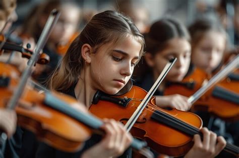 Estudiantes De Orquesta Colectiva Tocando En Grupo En La Escuela Ia Generativa Foto Premium