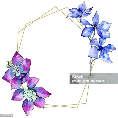 자주색 난초 꽃입니다 수채화 배경입니다 골든 다각형 프레임입니다 기하학적 인 다면체 크리스탈 모양입니다 결정체에 대한 스톡 벡터 아트 및 기타 이미지 Istock