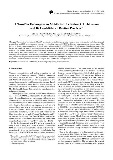 Pdf A Two Tier Heterogeneous Mobile Ad Hoc Network Architecture And Its Load Balance Routing