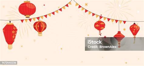 스카이 랜턴 축제 중국 설날 축하를 위한 전통적인 아시아 종이 램프와 불꽃놀이 포스터 인사말 카드를 위한 동양 디자인 벡터 배너 공휴일에 대한 스톡 벡터 아트 및 기타