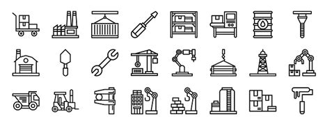 푸시카트 공장 컨테이너 드라이버 스톡 컨베이어 배럴 벡터 아이콘과 같은 24 개요 웹 고급 산업 아이콘 세트 보고서 프리젠 테이션 다이어그램 웹 디자인 모바일 앱을위한