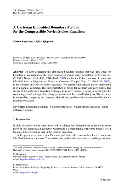 Pdf A Cartesian Embedded Boundary Method For The Compressible Navier Stokes Equations