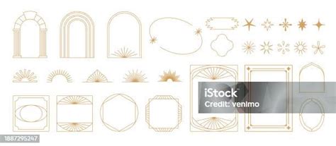 간단한 선형 스타일의 디자인 요소 및 일러스트레이션 벡터 세트 Boho 아치 및 테두리 로고 디자인 요소 및 소셜 미디어 스토리 및 게시물 인쇄물 및 포스터 요소에 대한