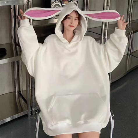 เสื้อมีฮู้ดผู้หญิง เสื้อกันหนาว ผ้าสำลีแบบสวม หูกระต่าย น่ารัก ผ้านิ่ม