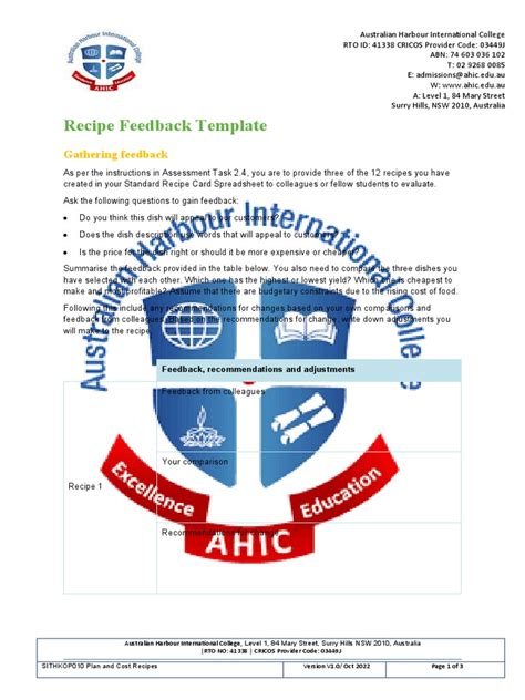 Sithkop010 Recipe Feedback Template N0svvedk Pdf