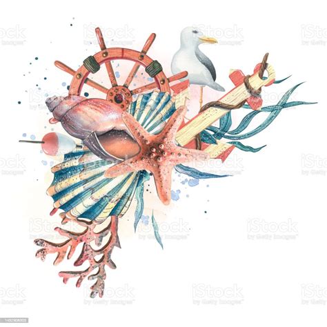 조개 불가사리 산호 스티어링 휠 및 페인트가 튀는 수채화 지점에 구명 부표가있는 해양 구성 바다의 심포니 컬렉션의 일러스트