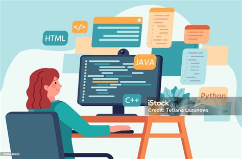 데스크톱 컴퓨터에서 작업하는 웹 디자이너 및 프로그래머 다른 프로그래밍 언어로 코딩하는 만화 여성 Java 프로그래밍 언어에