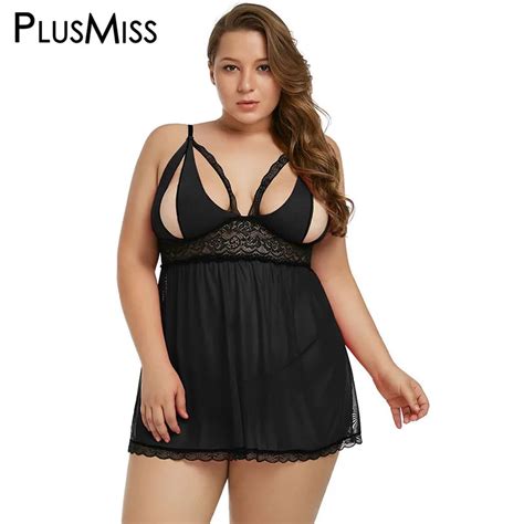 Plusmiss Plus Size Sexy Transparent Babydoll Chemise Dress Sex Hot Erotic Lingerie Costume Big