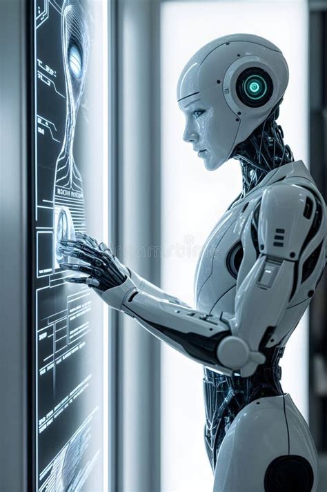 a humanoid robot interacts with a digital interface in a futuristic