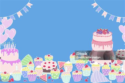 생일 축하 케이크 파티 초대장 배경 배너 낙서 벡터 그림이 매끄럽습니다 케이크 풍선 모자 스낵 화환 장식으로 축하합니다 복사 공간 자유형 그리기 키즈 파티를 위해 0명에