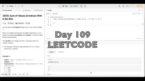 Day 109 Leetcode Problem 2859 Sum Of Values At Indices With K Set Bits Swift Youtube