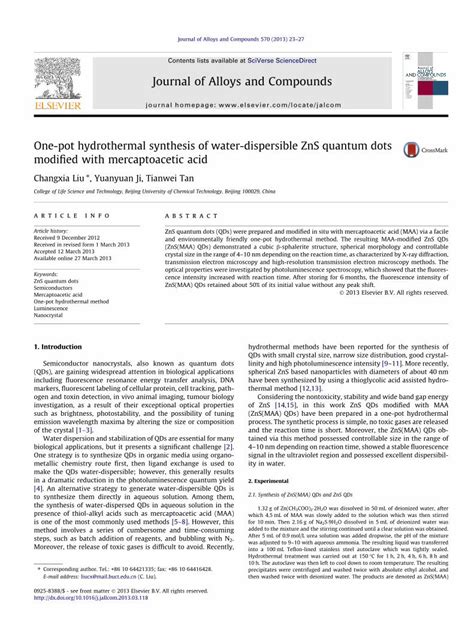 Pdf One Pot Hydrothermal Synthesis Of Water Dispersible Zns Quantum