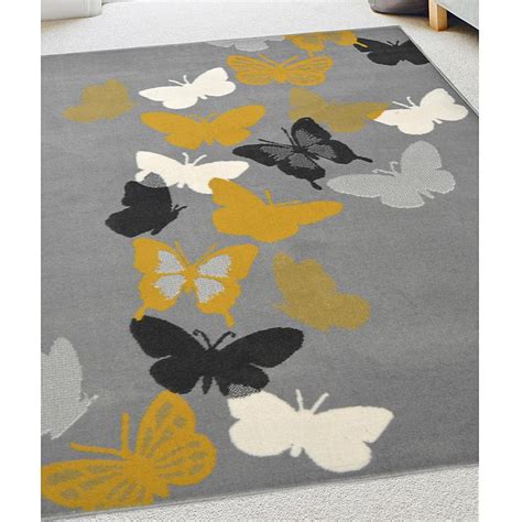 Grey Ochre Butterfly Nature Print Living Room Rug Inishmore
