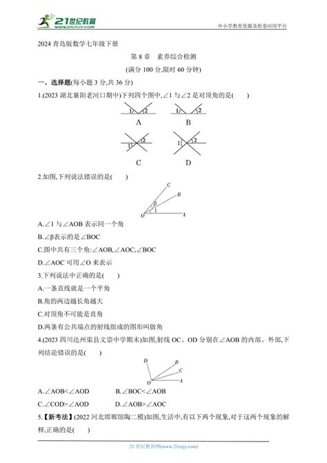 2024青岛版数学七年级下册 第8章《角》素养综合检测（含解析） 21世纪教育网