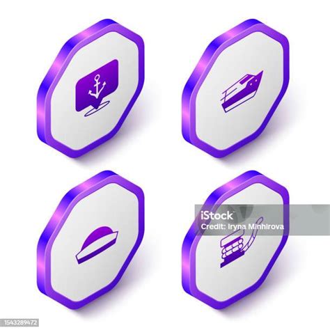 아이소메트릭 앵커 스피드보트 선원 모자 및 해양 볼라드를 로프 아이콘으로 설정합니다 보라색 육각형 버튼 벡터 3차원 형태에 대한 스톡 벡터 아트 및 기타 이미지 Istock