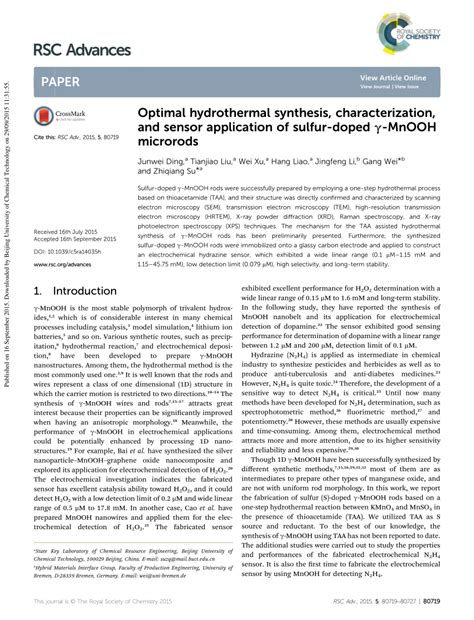 Pdf Optimal Hydrothermal Synthesis Characterization And Sensor Application Of Sulfur Doped γ