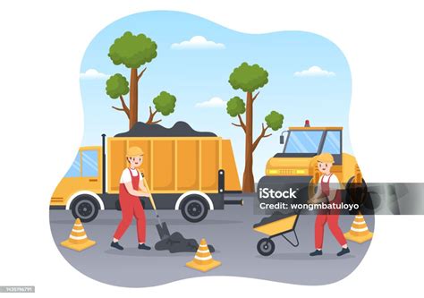 도로 건설 및 고속도로 유지 보수 노동자 플랫 만화 손 그리기 템플릿 일러스트레이션에 드릴링 머신과 아스팔트 도로에서 작업 건축물에 대한 스톡 벡터 아트 및 기타 이미지