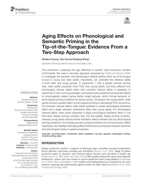 Pdf Aging Effects On Phonological And Semantic Priming In The Tip Of The Tongue Evidence From